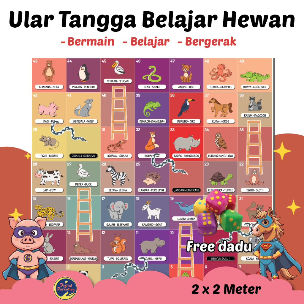Jual Ular Tangga Jumbo Mengenal Hewan 2x2 Meter Gratis 2 Dadu ...