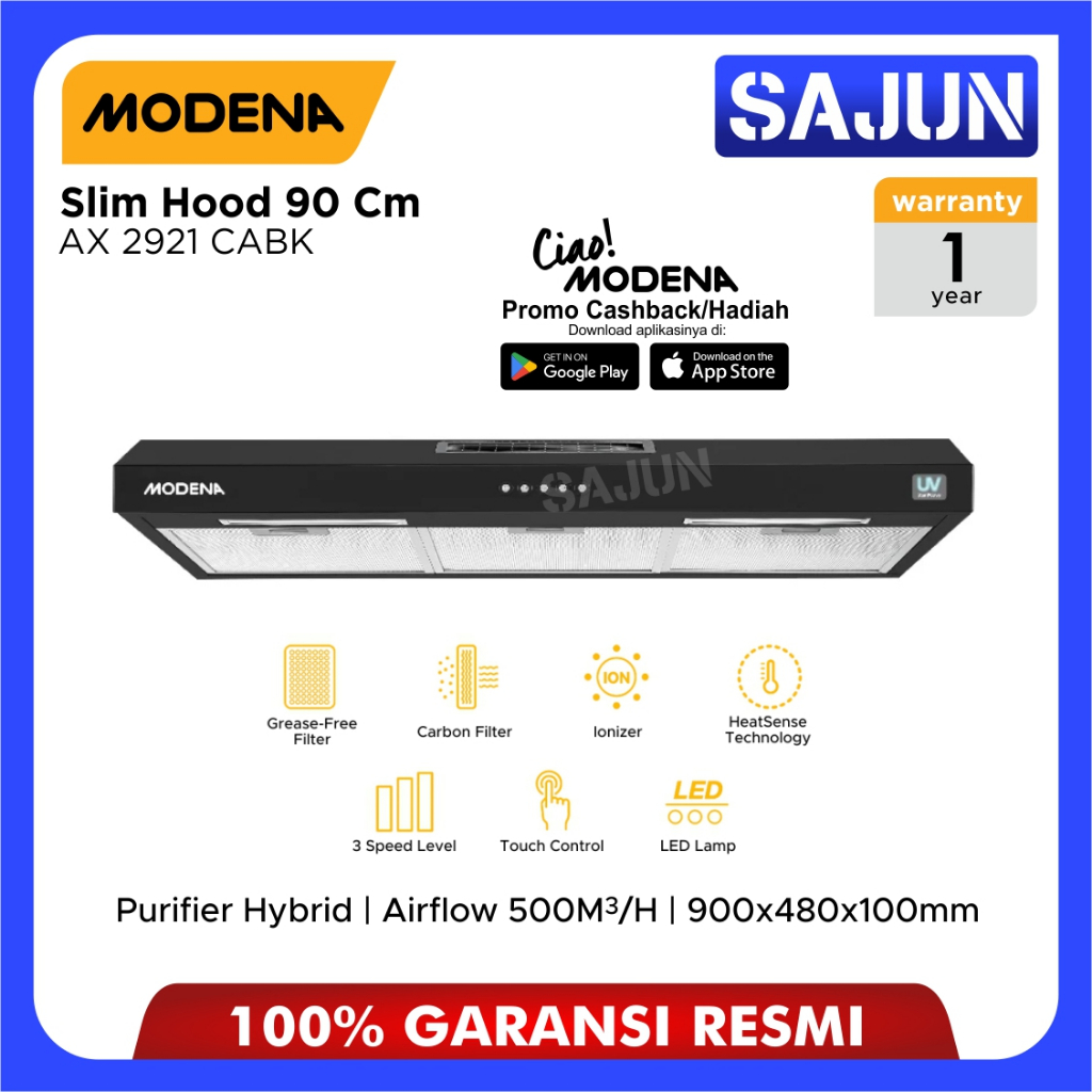 Jual Modena Purifier Slim Hood Hybrid 90cm AX-2921 CABK Cooker Hood ...