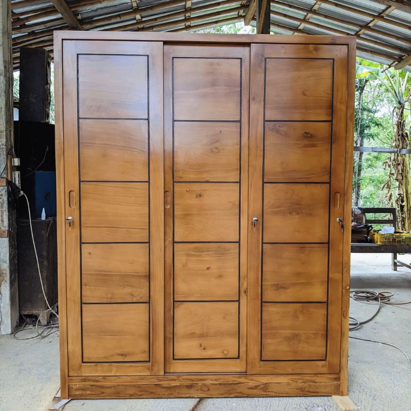 Jual Lemari pakaian pintu sleding minimalis 3 pintu kayu jati solid | Shopee Indonesia