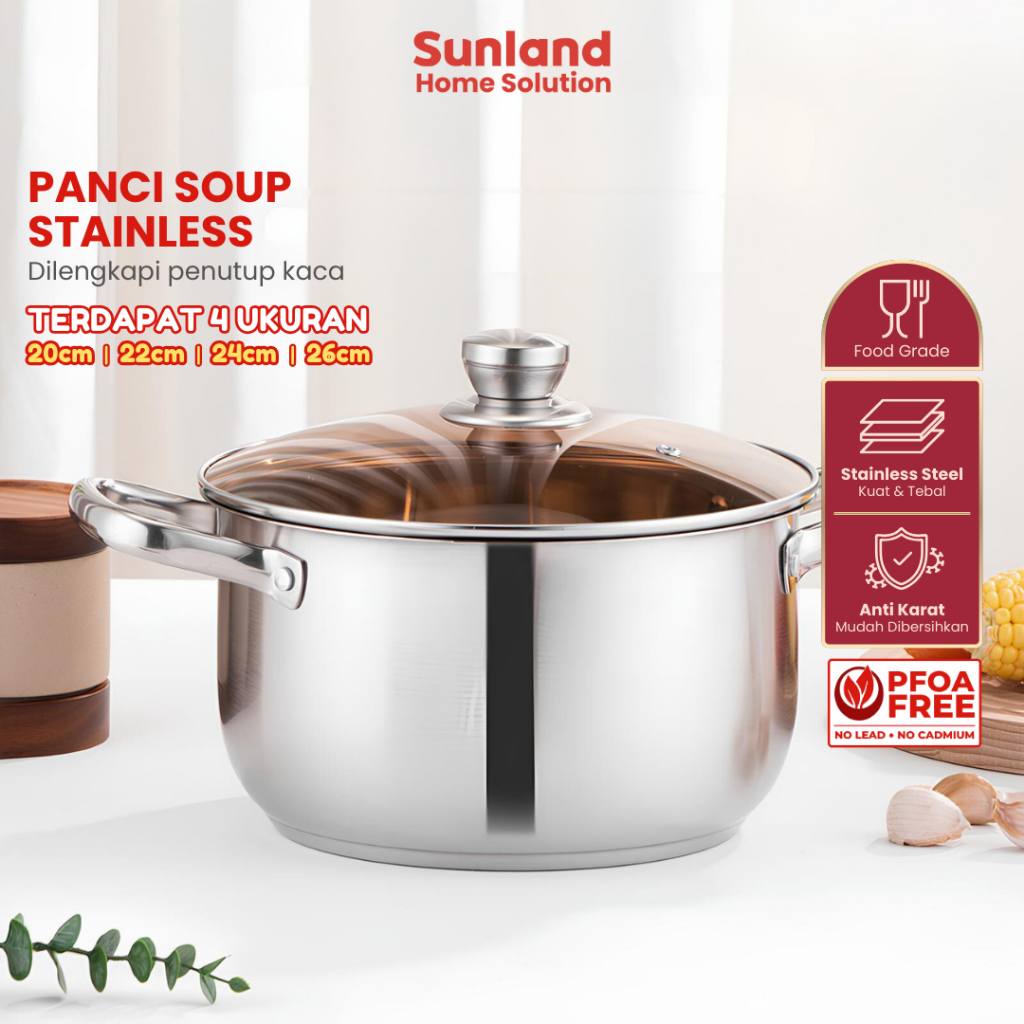 Jual SUNLAND Panci Kuah Sup Sop Soup Pot Stainless Steel Tutup Kaca ...