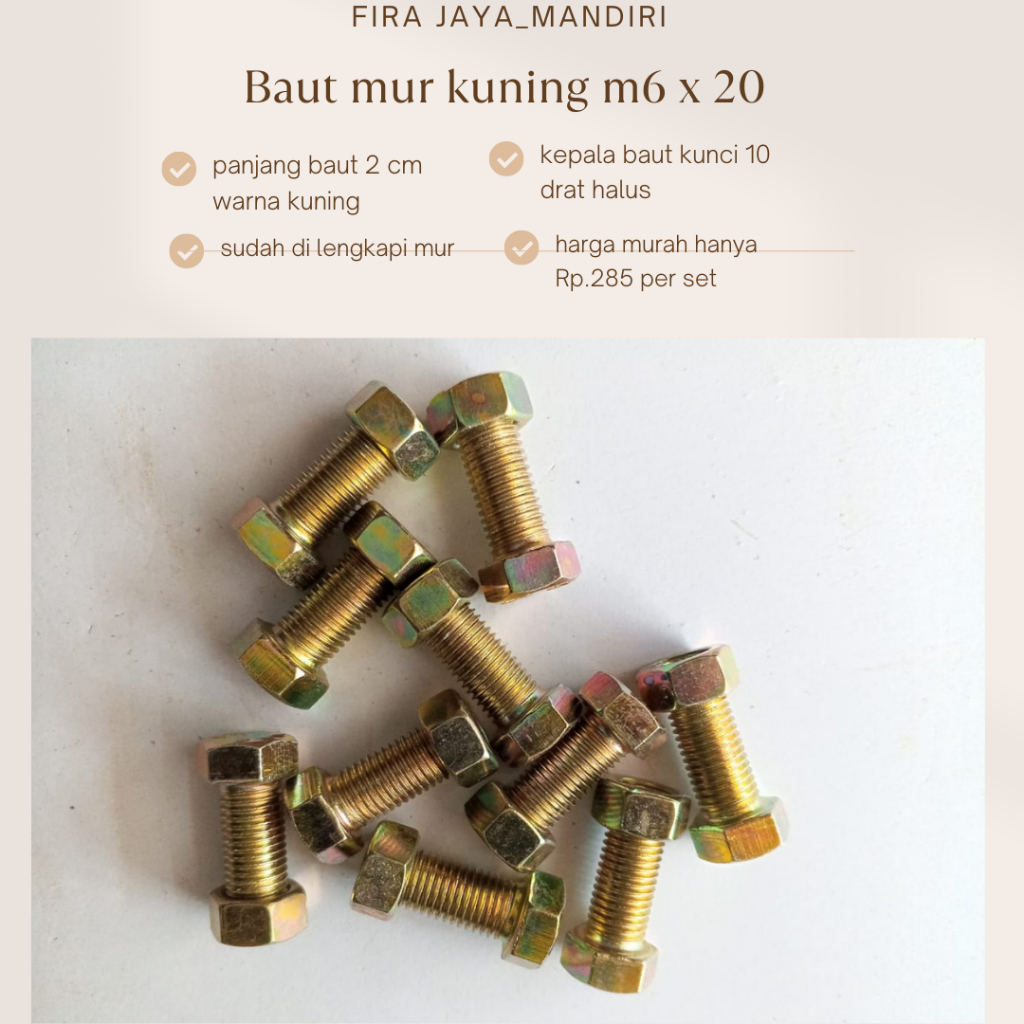 Jual Baut Mur Kuning M 6 x 20 / Baut 10 dan mur panjang 2 cm | Shopee Indonesia