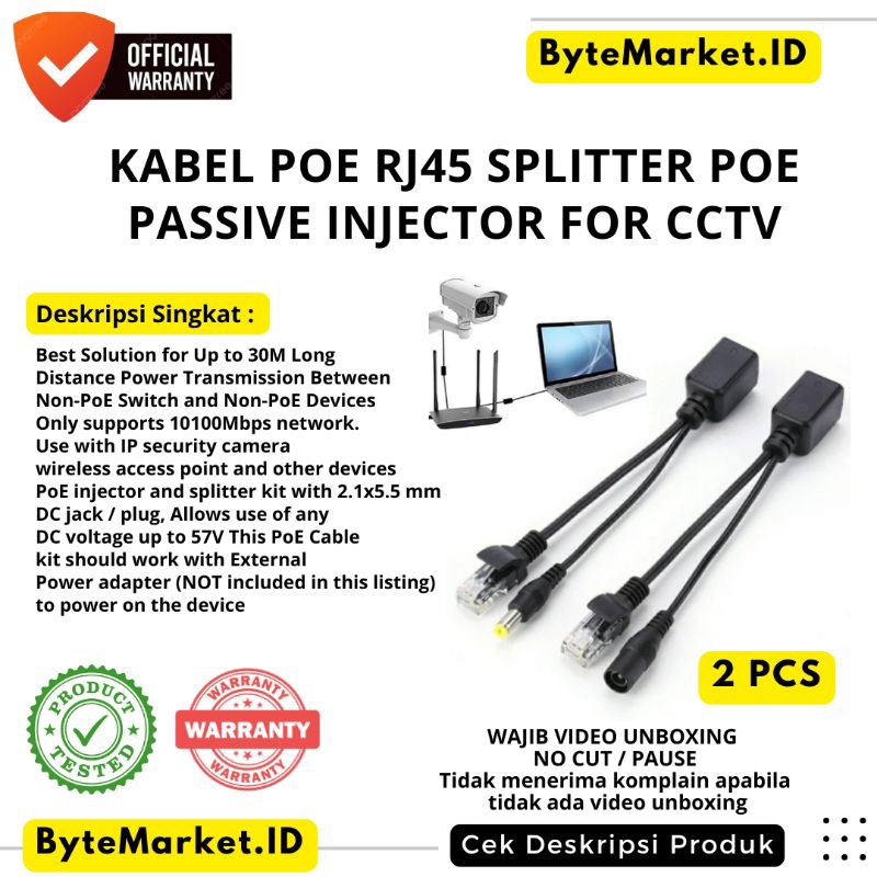 Jual Kabel poe Rj45 splitter poe passive injector for cctv DLL harga ...