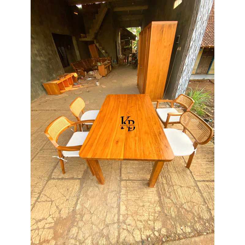 Jual meja makan kayu jati tebal 3cm/set meja kursi makan kayu jati Mix rotan | Shopee Indonesia