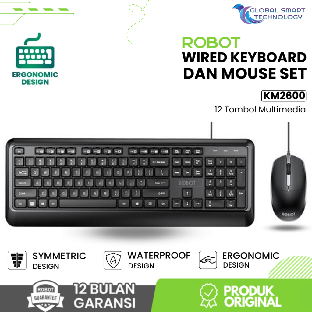 Jual ROBOT KM2600 Wired Keyboard Mouse Combo Set 104 Key 1200 DPI Anti ...