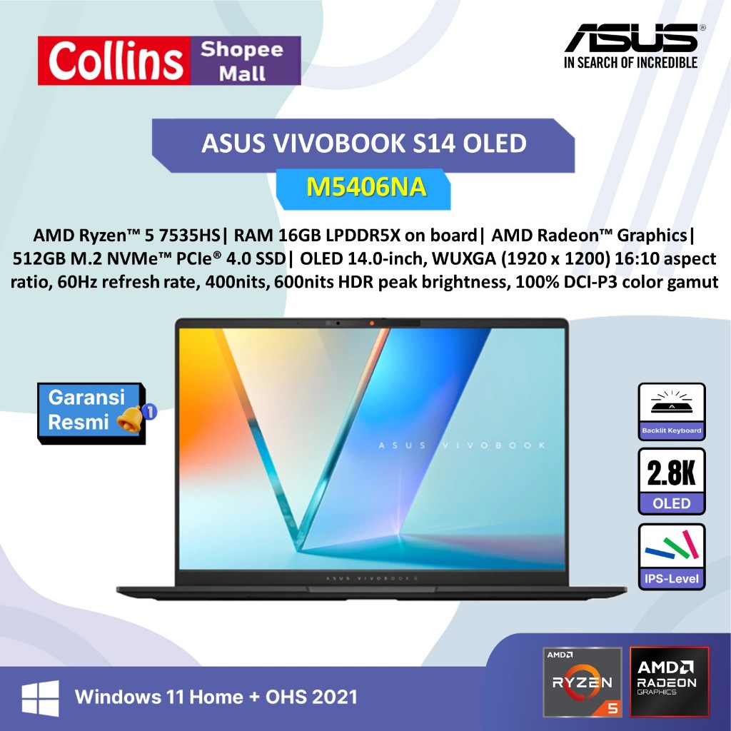 Jual ASUS Vivobook S14 OLED M5406NA Amd Ryzen 5 7535HS RAM 16GB SSD ...