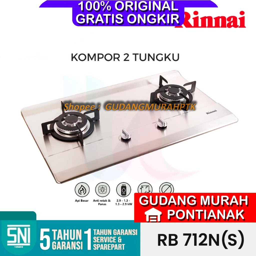 Jual Kompor Gas Tanam Rinnai RB-712N (S) Stainless ANTI KARAT Stove RB 712 NS / 712 N S stenles ...