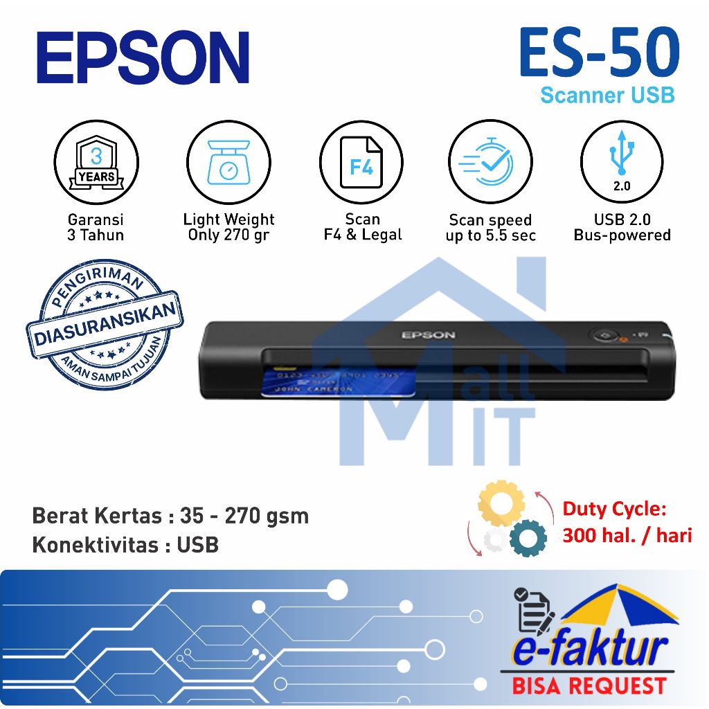Jual MALLIT EPSON Scanner Epson ES-50 ES50 ES 50 A4 F4 Legal ADF Portable USB Garansi Resmi ...