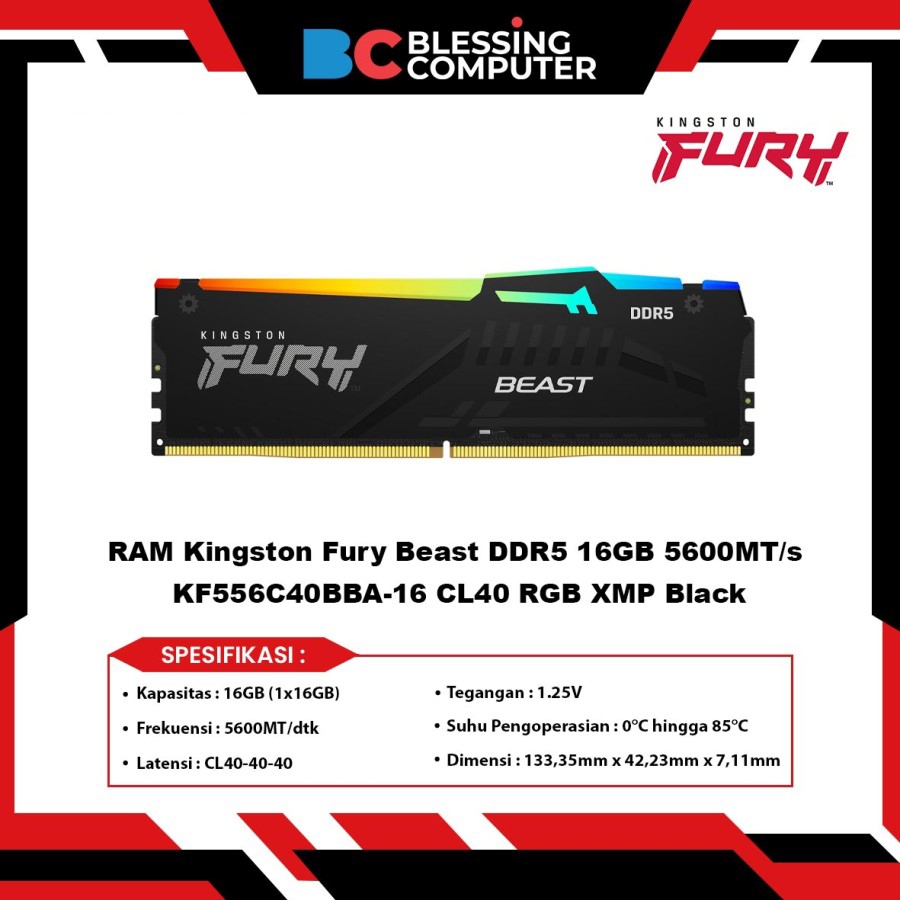 Jual RAM Kingston Fury Beast DDR5 16GB 5600MT/s KF556C40BBA-16 CL40 RGB XMP Black | Shopee Indonesia