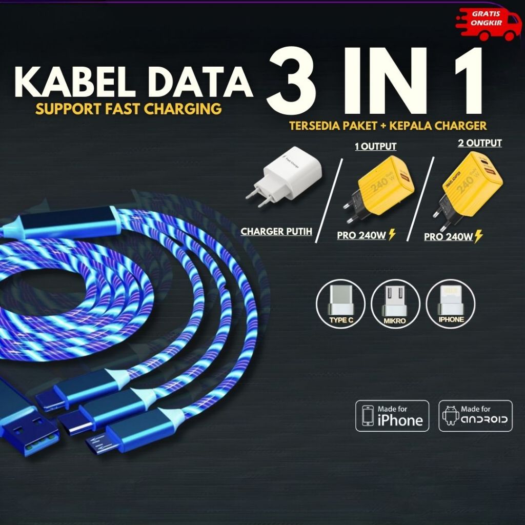 Jual Running Lampu LED Kabel 3in1 Kabel Data Type C Micro USB dan IOS ...