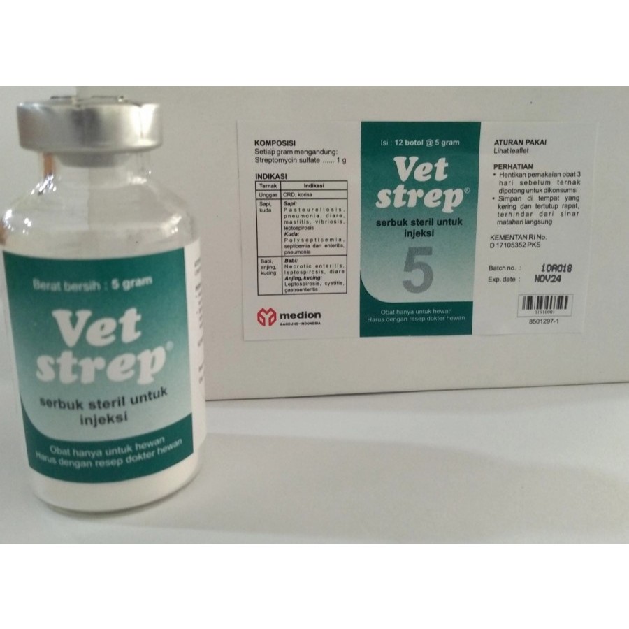 Jual Vet Strep Serbuk Steril Untuk Injeksi Hewan 5gr | 1 Dus isi 12 Botol | Shopee Indonesia