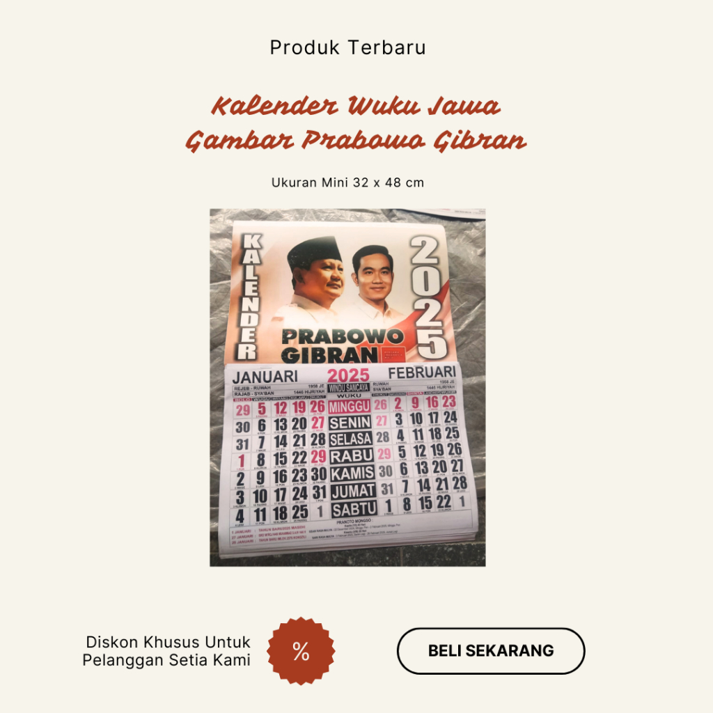 Jual Kalender Dinding 2025 Terbaru Wuku Jawa Gambar Presiden & Wakil ...
