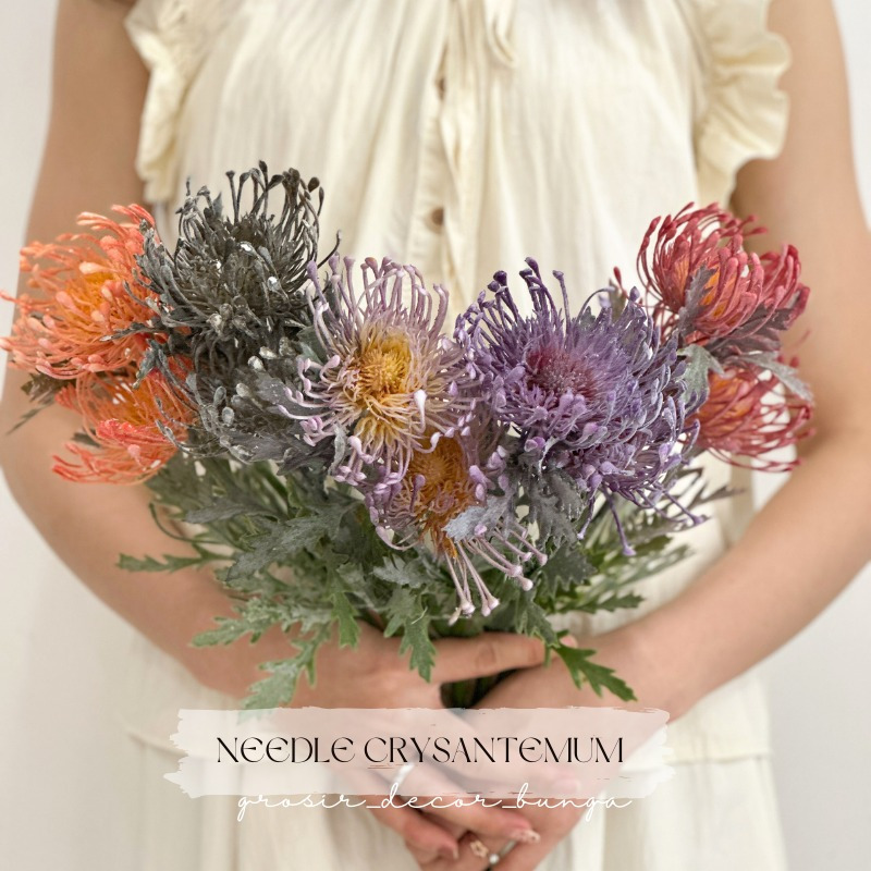 Jual [CAS] NEEDLE CHRYSANTEMUM PINCUSHION PROTEA SPRAY ARTIFICIAL Bunga Plastik Spray Bunga ...