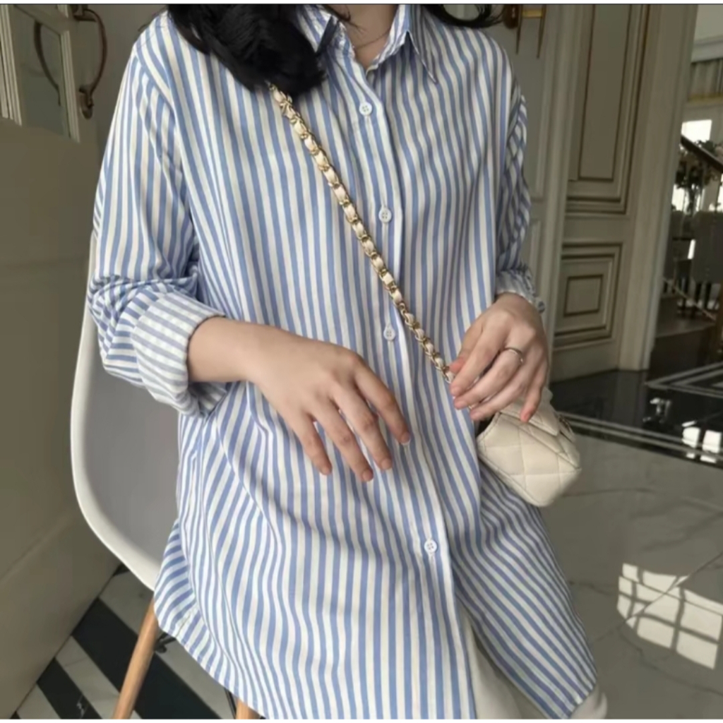 Jual KEMEJA WANITA STRIPE SHIRT STRIPE LENGAN PANJANG MOTIF SALUR KATUN SOFT | Shopee Indonesia