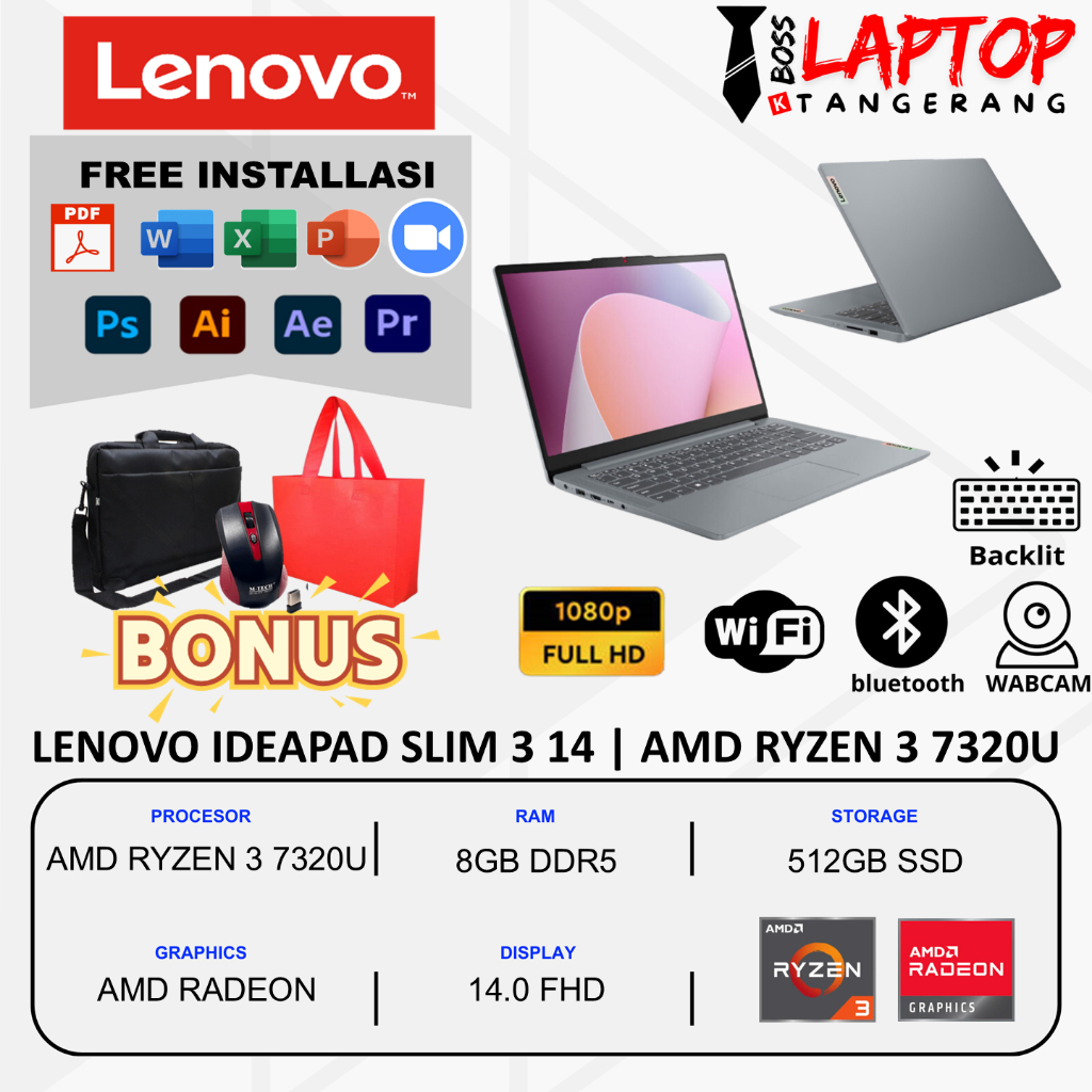Jual LAPTOP DESAIN GRAFIS LENOVO IDEAPAD SLIM 3 RYZEN 3 7320U 8GB 512GB SSD RADEON GRAPHICS FHD ...