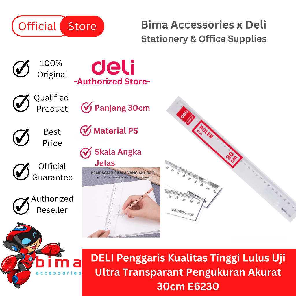 Jual DELI Penggaris 30 cm Transparan Penggaris Plastik Sekolah 30-1 ...