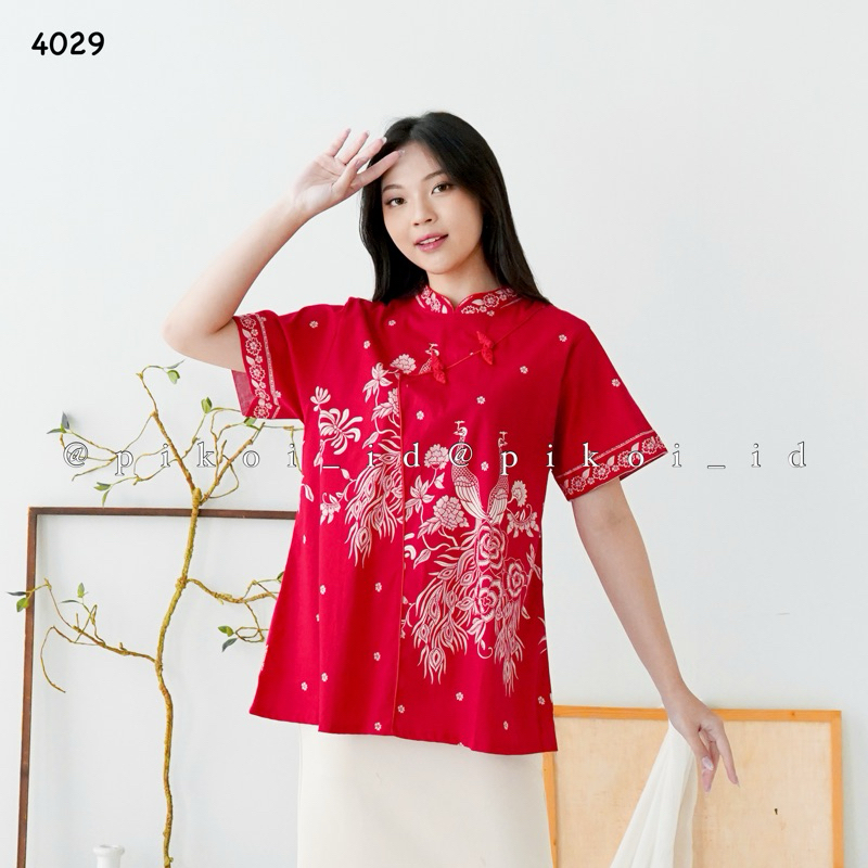 Jual Atasan Cheongsam Batik Merah CNY / Baju Congsam Qipao Sincia Katun ...