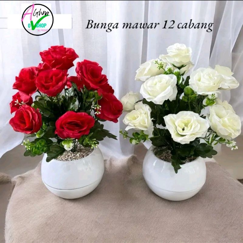 Jual Bunga hiasan meja Mawar 12 Cabang lengkap dengan VAS VIENNA Pot ...