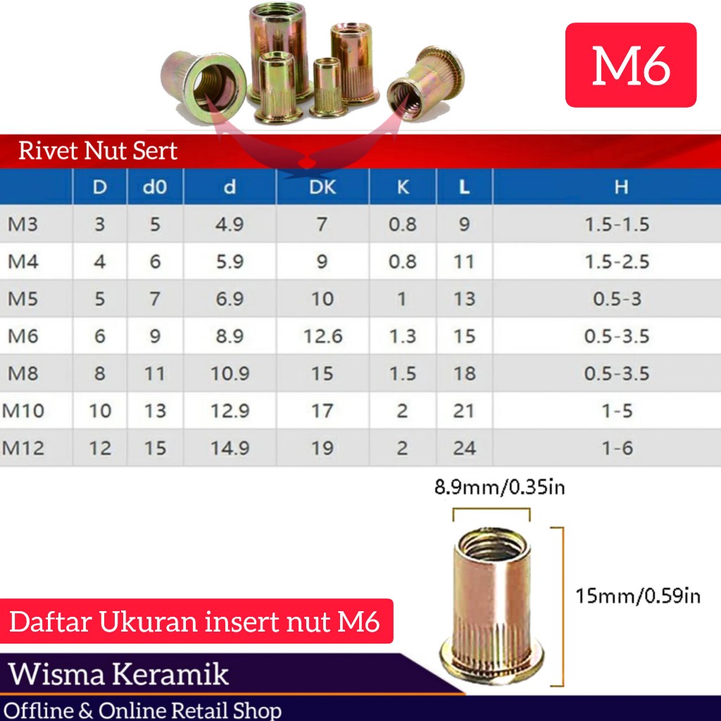 Jual M6 Mur Rivet per Pcs insert Nut mur rivet Nutsert mur tanam ...