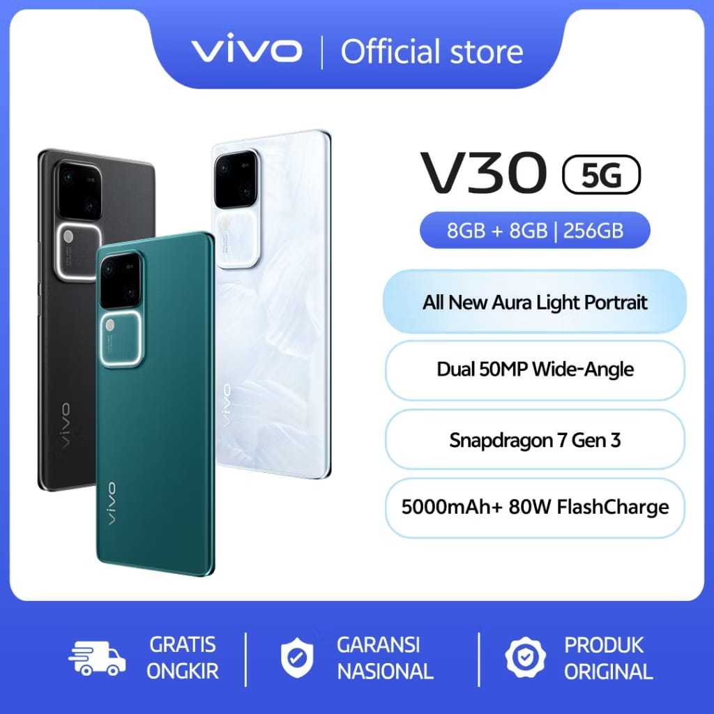 Jual vivo V30 5G (8+8GB/256GB) - All New Aura Light Portrait, Dual 50MP Wide-Angle, Snapdragon 7 ...