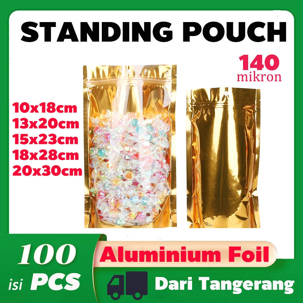 Jual 100PCS Plastik Standing Pouch Snack Packing Klip Ziplock Emas ...