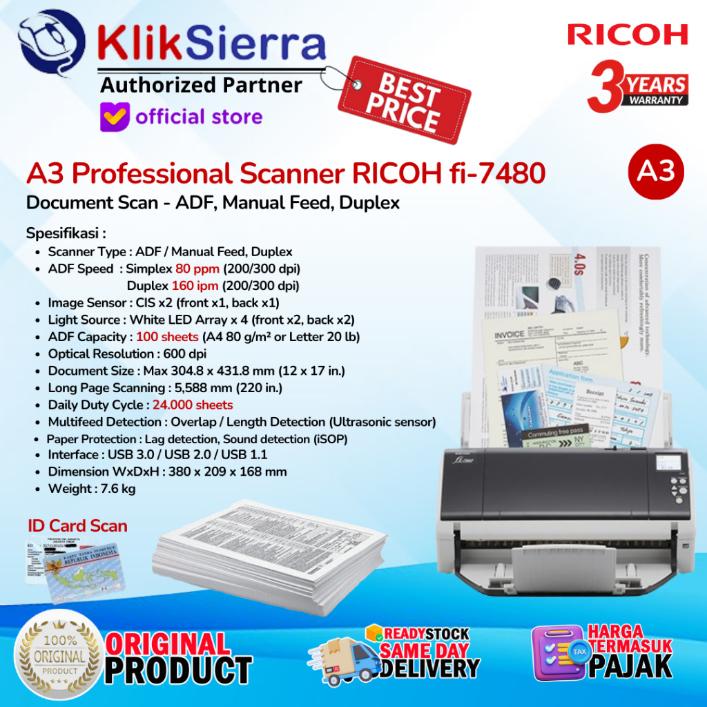 Jual Scanner A3 RICOH fi-7480 Large Document Scan ADF / Manual Feed ...