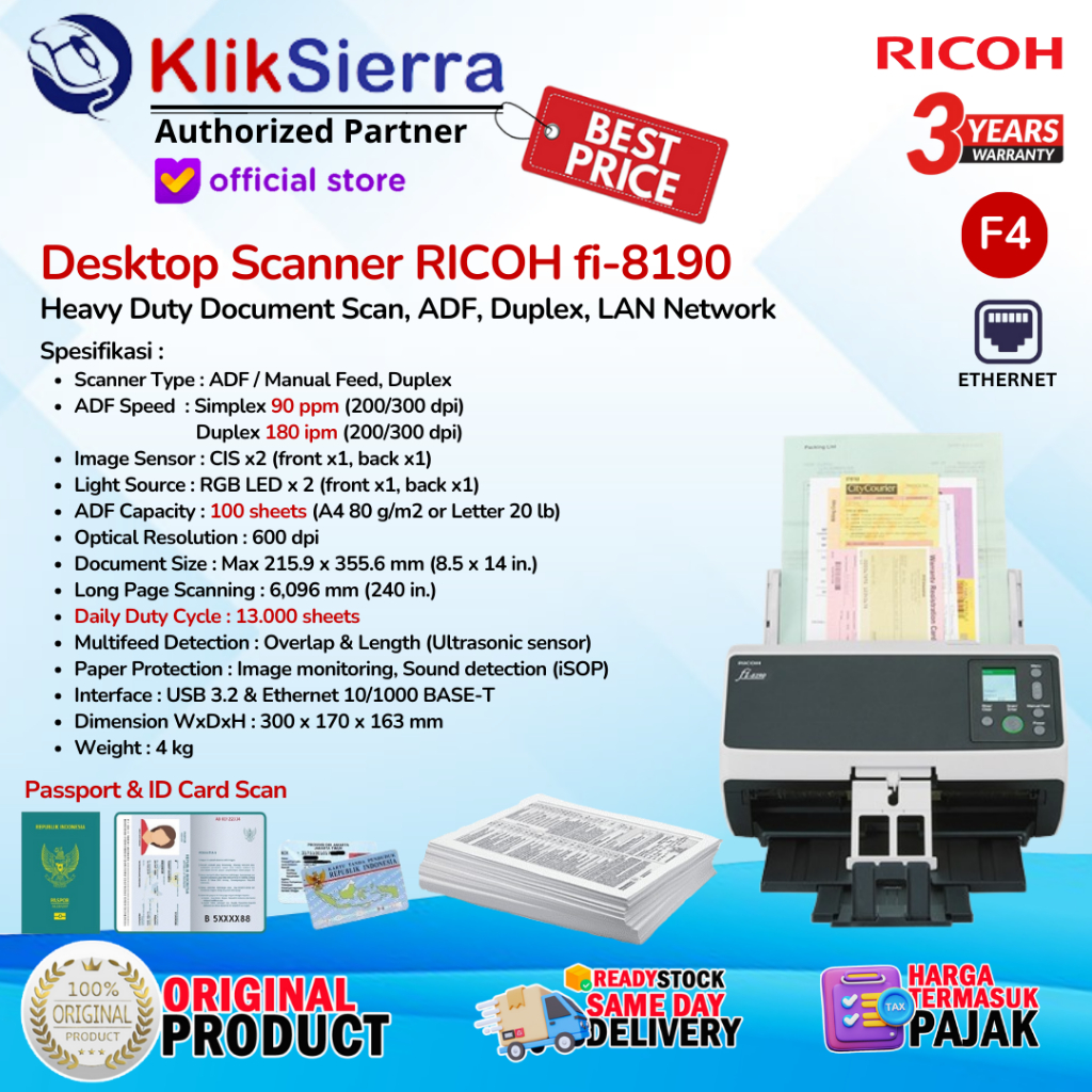 Jual RICOH fi-8190 Desktop Scanner 90 ppm - ADF, Manual Feed, Duplex 180 ipm - FUJITSU fi8190 ...