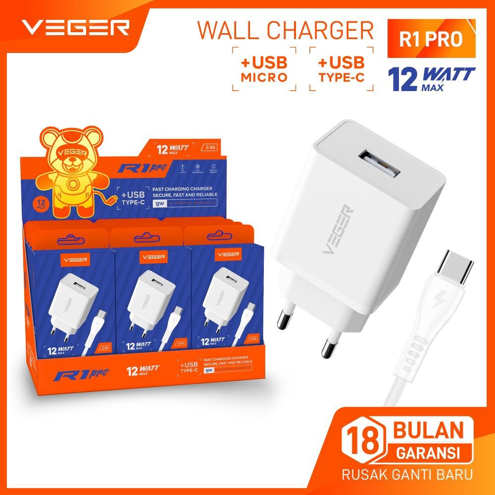 Jual VEGER Charger R1 Pro Single Port 2.4A 12W ( 1 BOX = 12 PCS ) Type ...