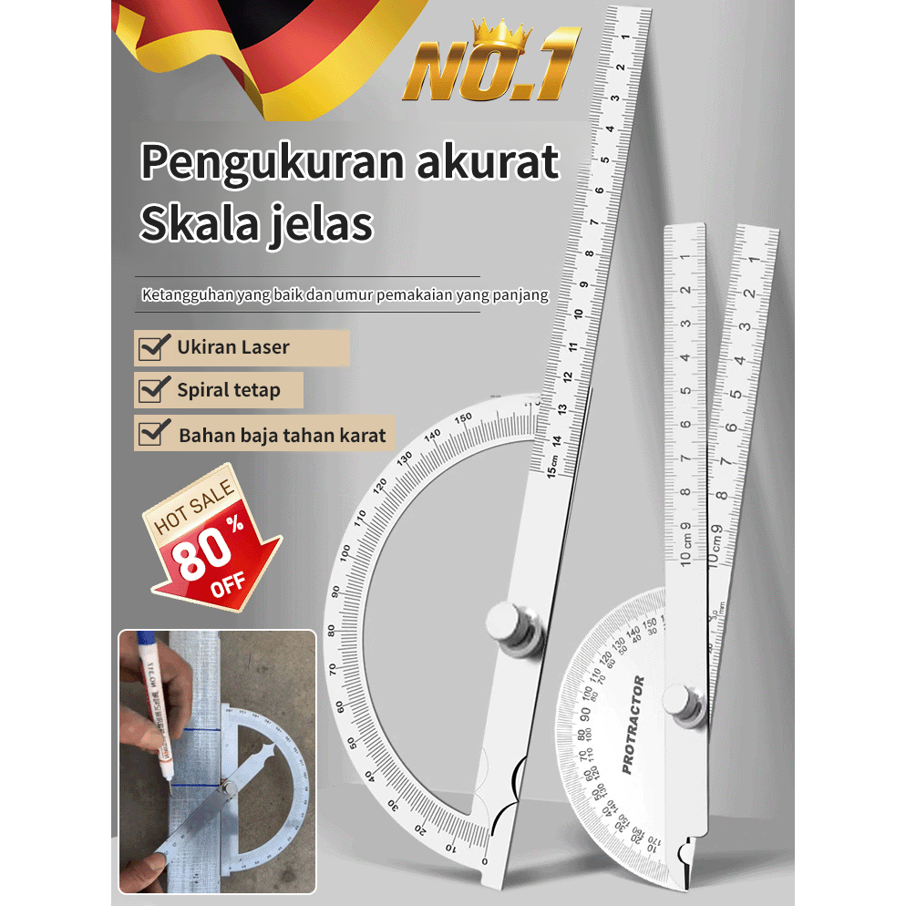 Jual ⚡COD+Pengiriman 24 jam⚡Busur derajat satu lengan baja tahan karat/penggaris pengukur sudut ...