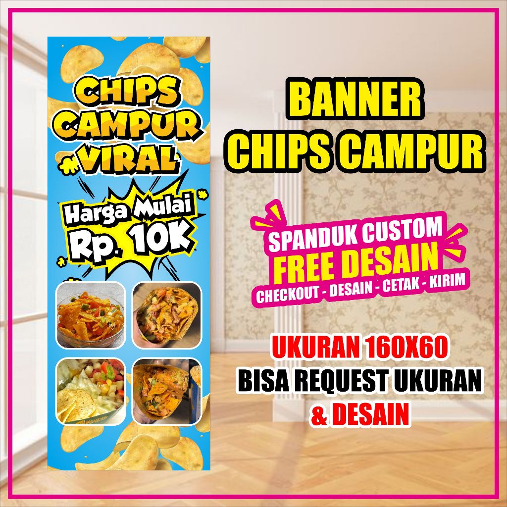 Jual SPANDUK/BANNER/BACKDROP JUALAN CHIPS CAMPUR VIRAL JAJANAN KEKINIAN UKURAN 160x60 BISA COD ...