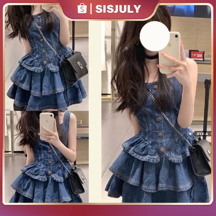 Jual #Sisjuly# Gaun bertali denim wanita wanita retro ruffle ruffle ...