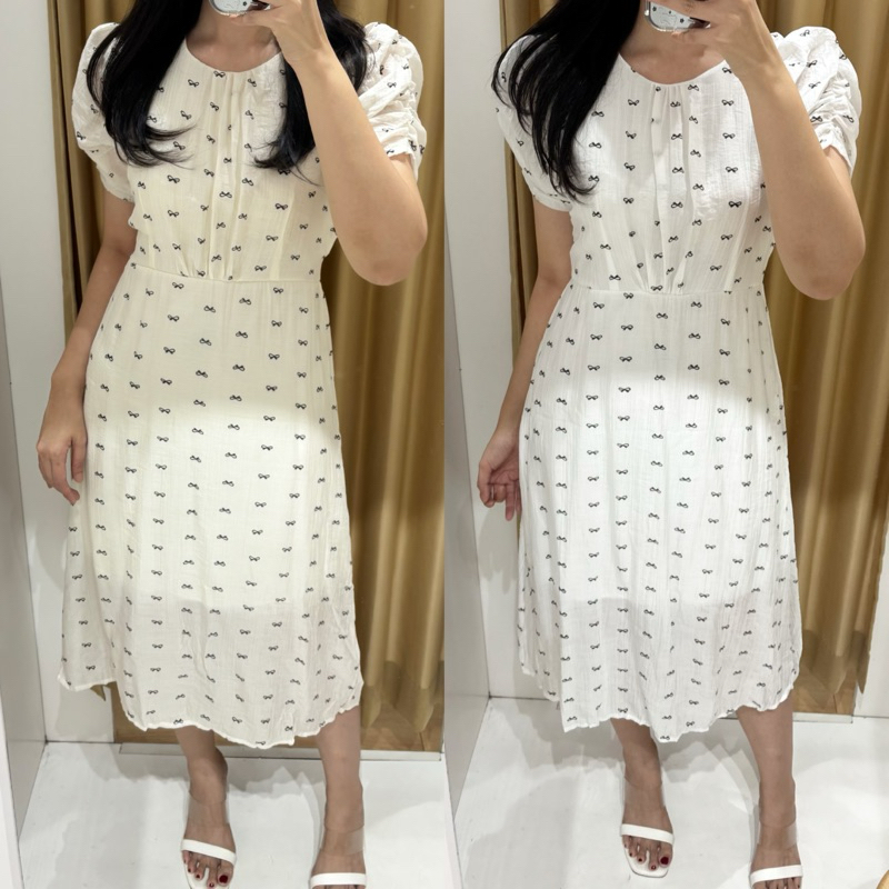 Jual [Noona Butik] Bow Print Dress Pita BKK Terusan wanita putih ...