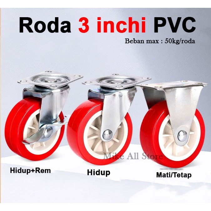 Jual Roda Troli 3 inchi PVC (Mati/Hidup/Rem)Troly-Etalase-Trolley/Nilon ...
