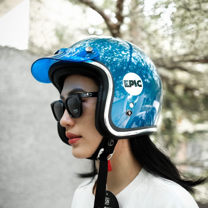 Jual Epic Veil Helmet Open Face Basic Blue Glossy List Chrome Helm Half ...