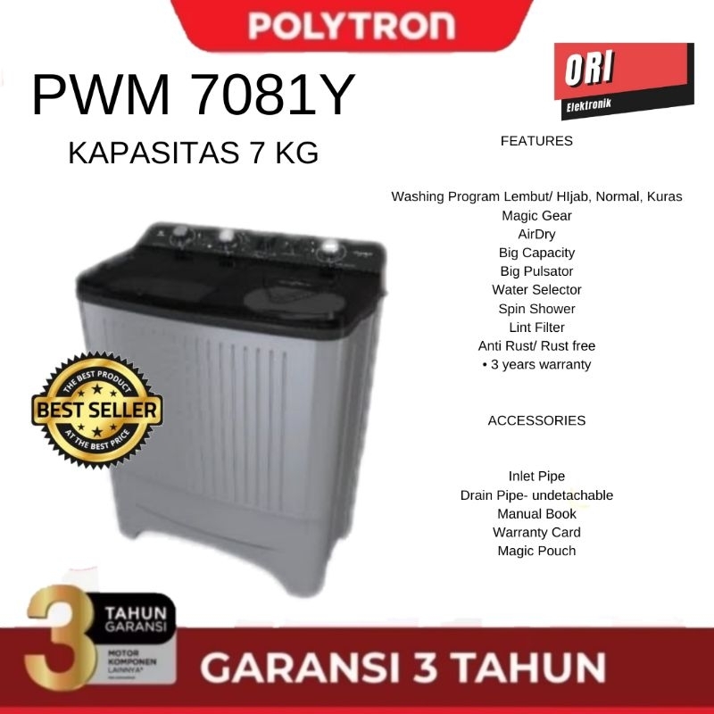 Jual POLYTRON MESIN CUCI 2 TABUNG KAPASITAS 7 KG PWM-7081Y | Shopee Indonesia
