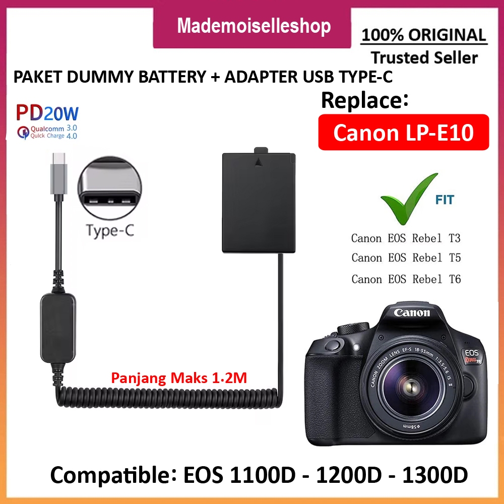 Jual Dummy Battery to USB-C PD DR-E10 for Replace Canon battery LP-E10 ...
