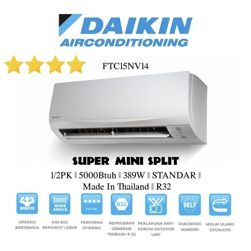 Jual AC DAIKIN FTC15NV14 MINI SPLIT THAILAND 1/2PK R32 STANDARD + PASANG 15NV 0,5PK | Shopee ...