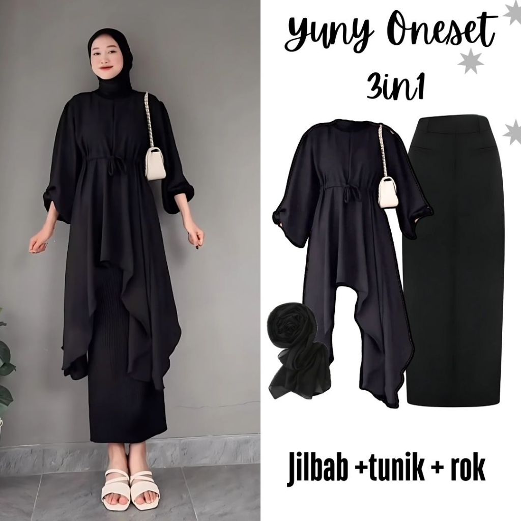 Jual Oneset 3in1 tunik hitam rok span jilbab bella square | ootd outfit main hangout kondangan ...