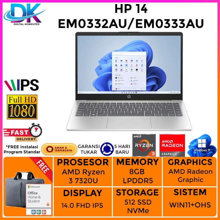Jual Laptop HP 14 EM0332AU Ryzen 3 7320u Ram 8gb 512 Ssd Win11+Ohs 14.0 ...