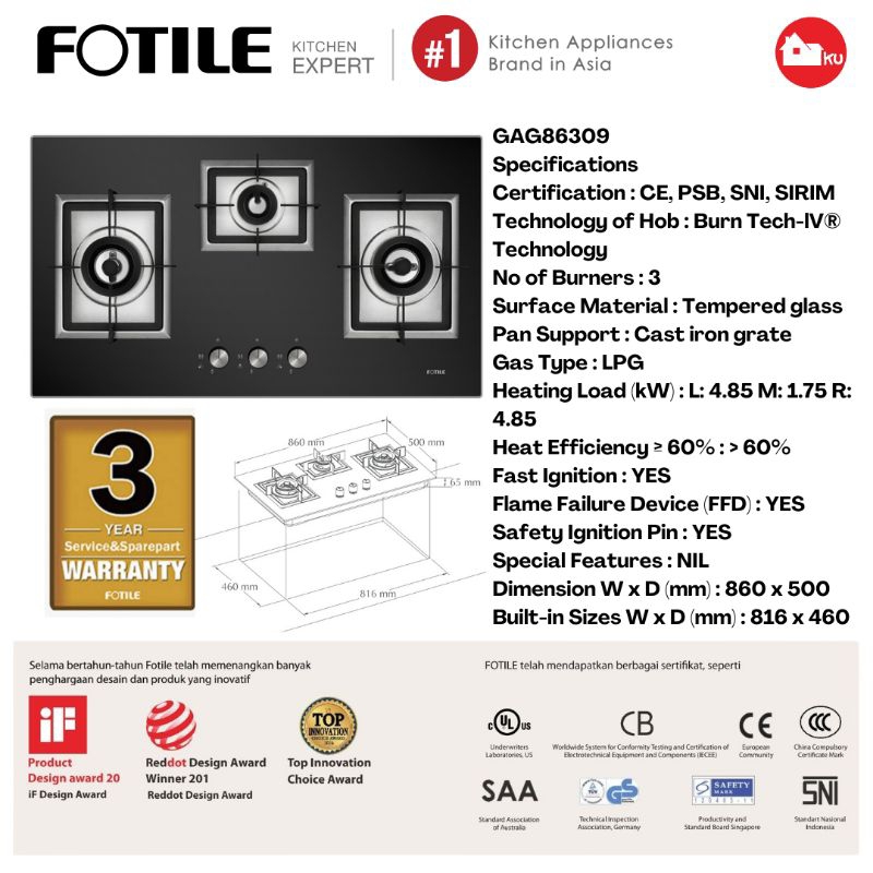 Jual Kompor Tanam Fotile GAG86309 Gas Hob Flame Angel Burning Tech 3 ...