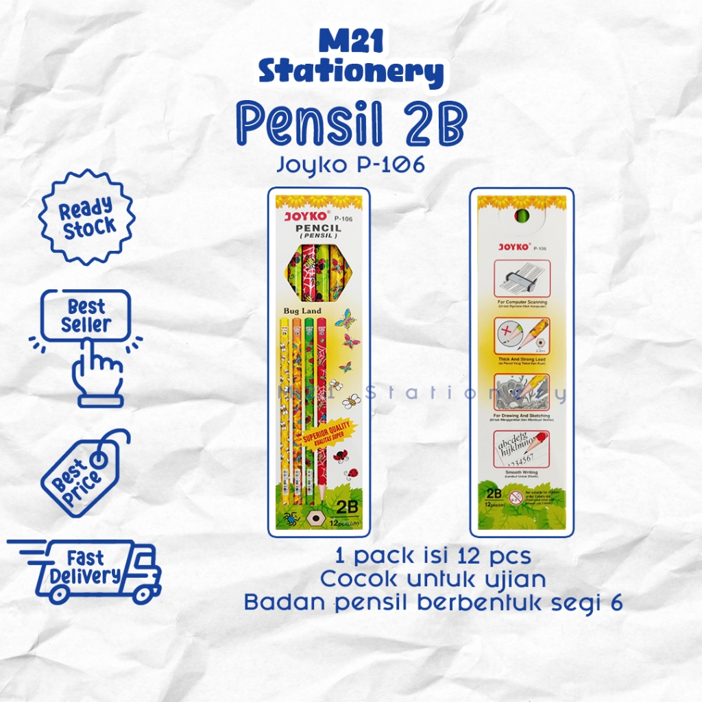 Jual (12 PCS) PENSIL 2B JOYKO P-106 BUG LAND / p106 1 pack pak pencil kayu pena ujian uji ...