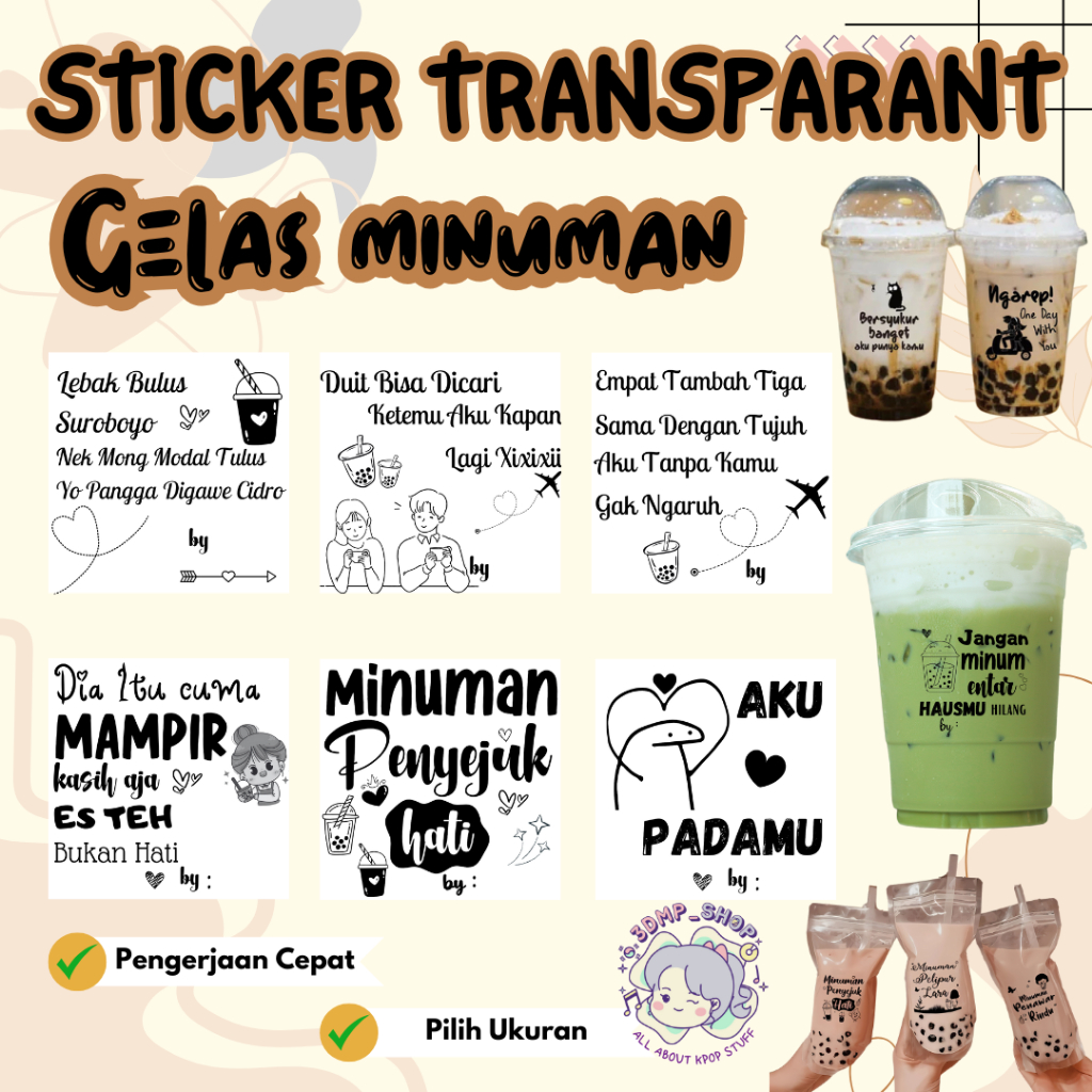 Jual Stiker Label Transparan vinyl A3 botol gelas Boba capcin jus ...