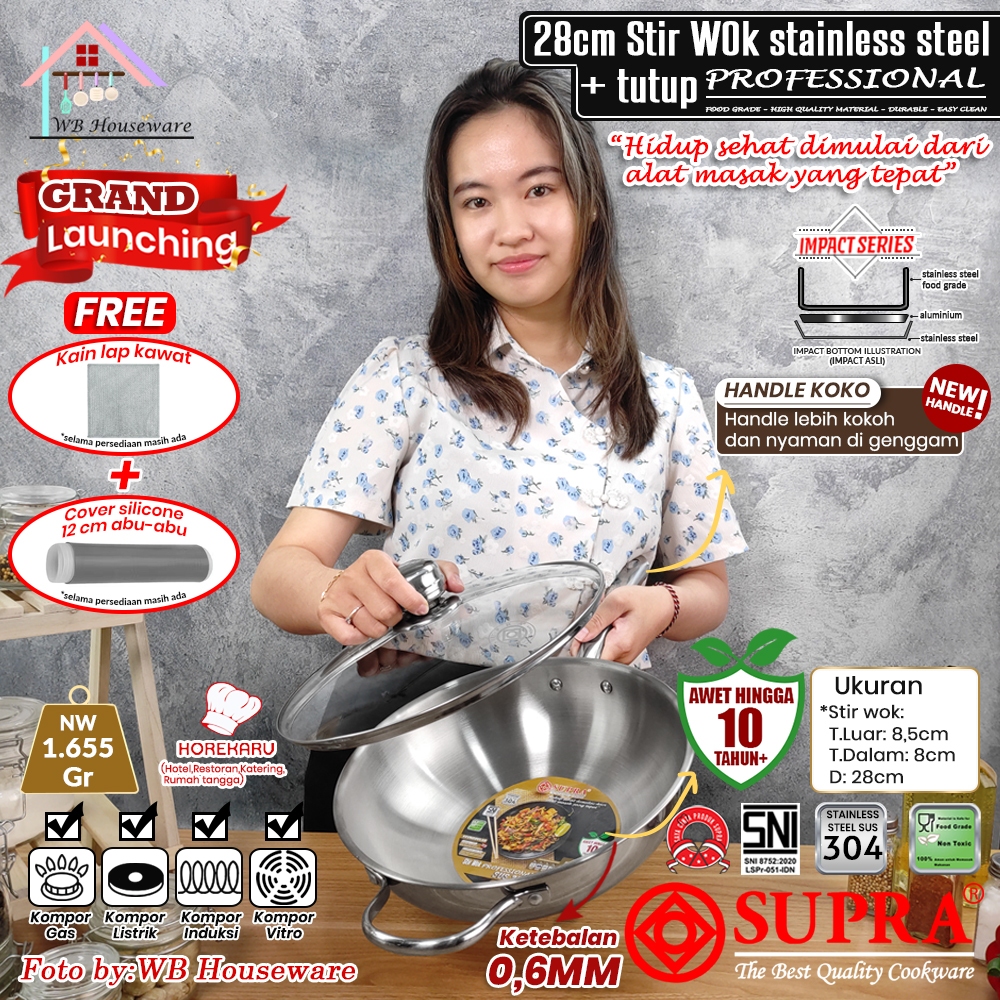 Jual SUPRA New panci Stir wok 28cm + tutup kaca viliron stainless SUS ...