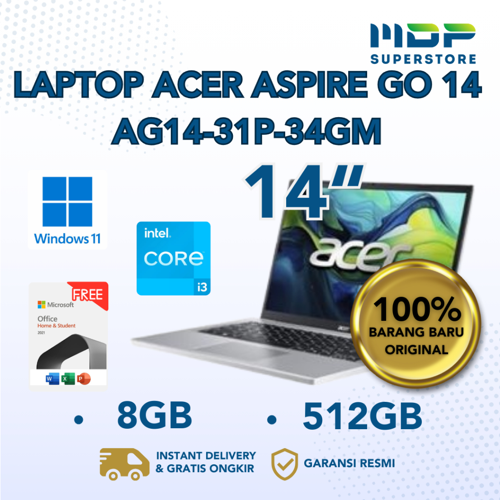 Jual LAPTOP ACER ASPIRE GO 14 AG14-31P-34GM (PURE SILVER) (INTEL CORE I3/RYZEN 3),8GB LPDDR4 ...
