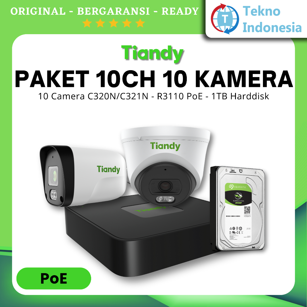 Jual Paket CCTV IP Camera IR Audio 2MP Tiandy Konek ke HP 5 channel 10 channel siap pasang ...