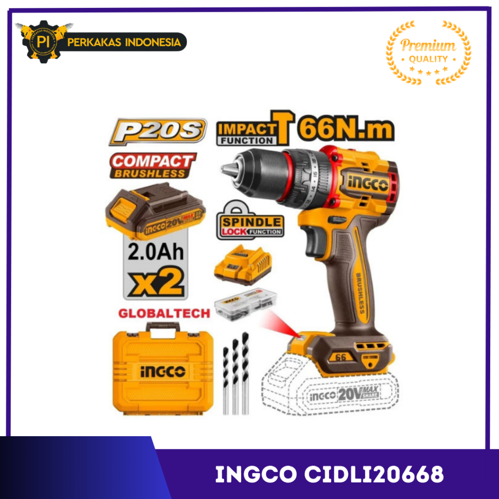 Jual Mesin Bor Cordless INGCO 66Nm CIDLI20668 SET 20V BRUSHLESS Mesin ...
