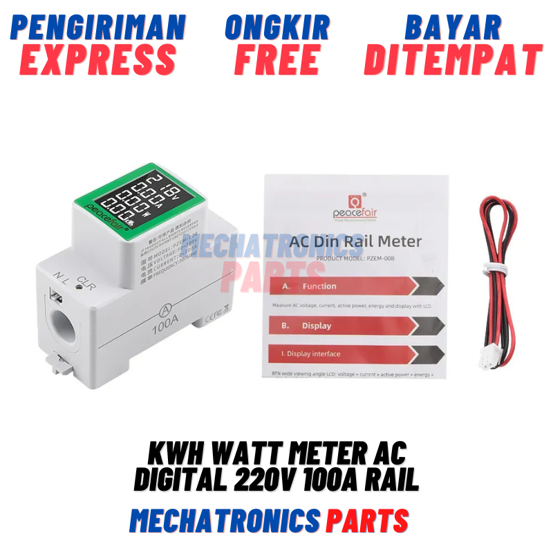 Jual KWH Watt Meter AC Digital 220V 100A Rail Alat Ukur Volt Ampere ...