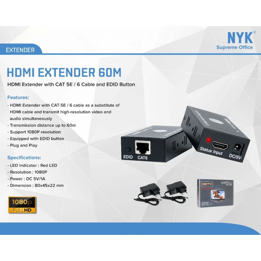 Jual HDMI Extender 60M NYK Converter HDMI to LAN 1080P 60M Cat5 Cat6 ...