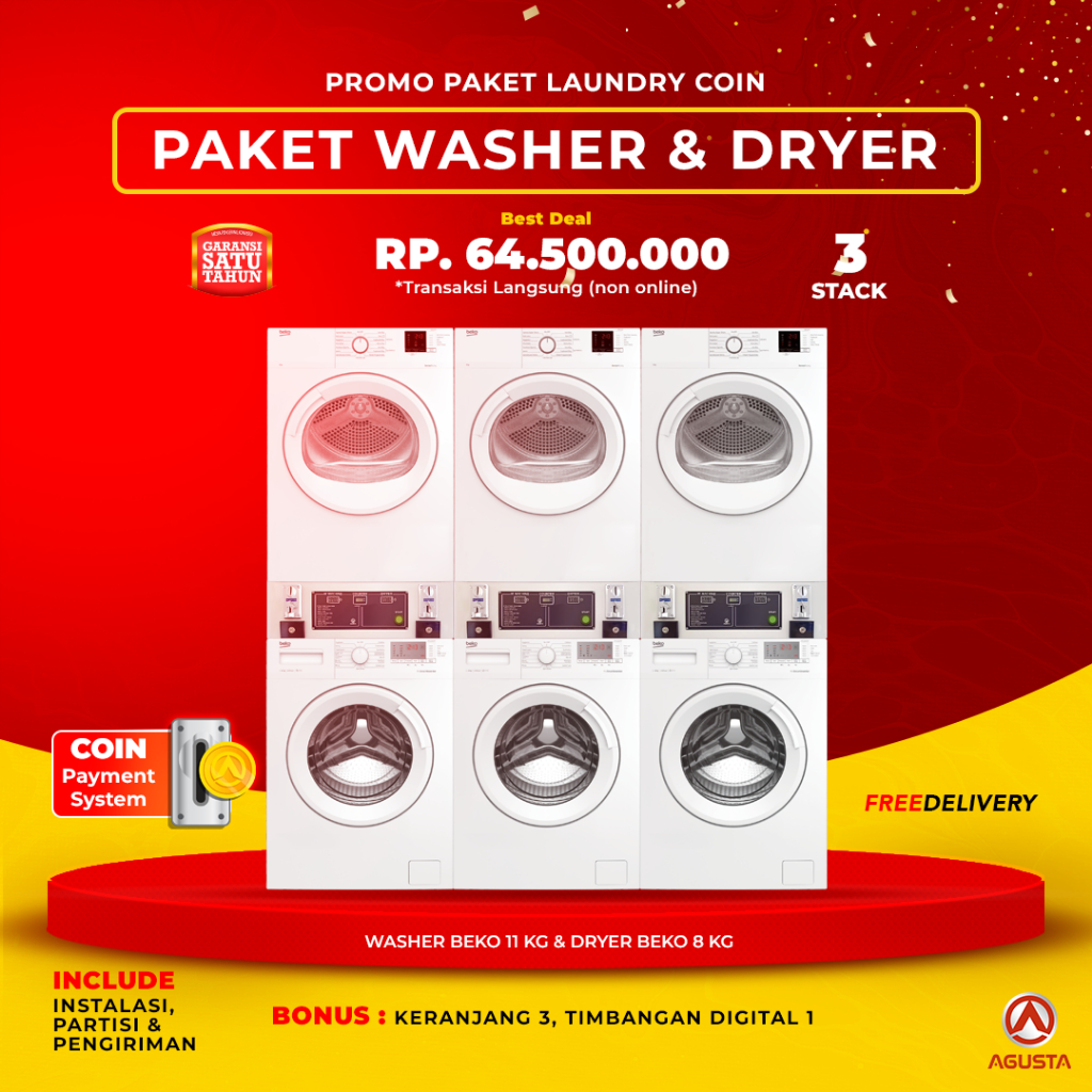 Jual Mesin Laundry Koin Paket 3/4/5 Set Stack Beko Washer 11 kg dan Beko Dryer 8 kg | Shopee ...