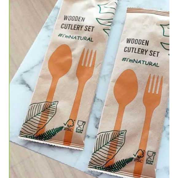 Jual Wooden Cutlery Set / Sendok Kayu + Garpu Kayu Set (cover kertas ...