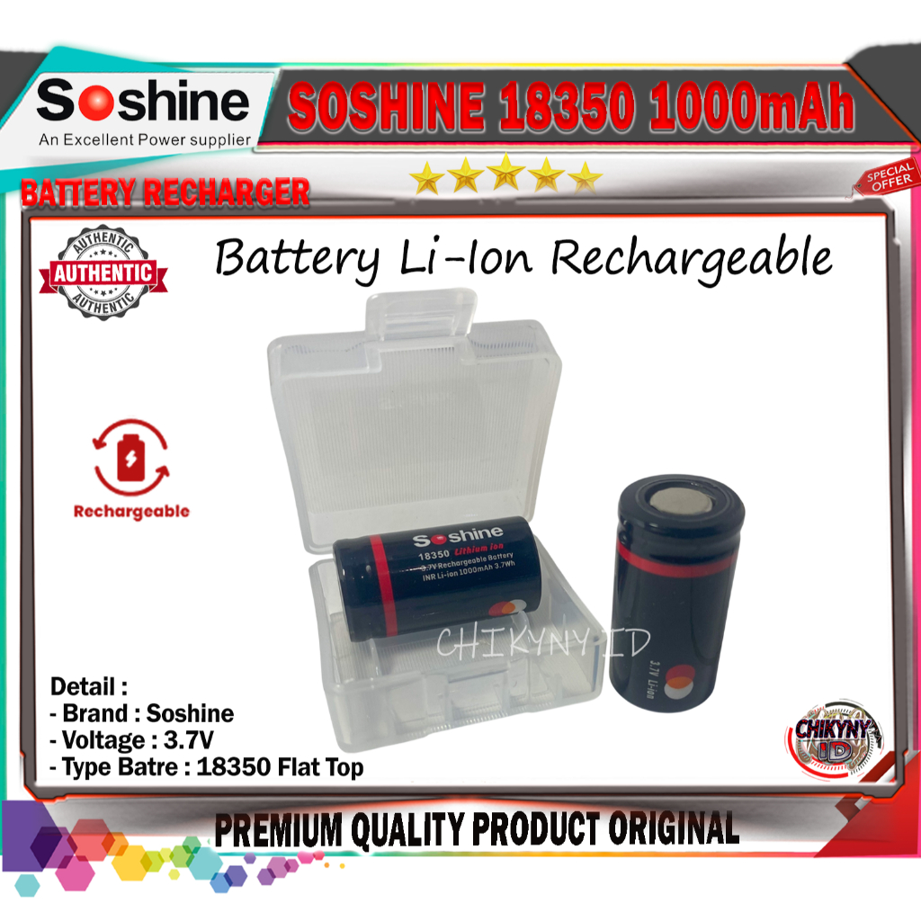 Jual BATTERY SOSHINE 18350 1000mAh BATRE Li-Ion RECHARGEABLE ORIGINAL ...